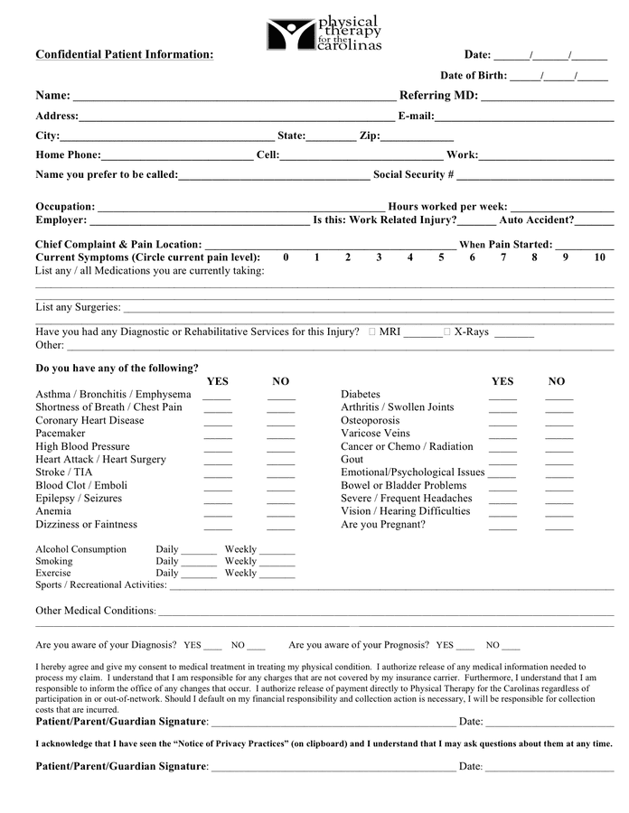 Medical history/evaluation form in Word and Pdf formats