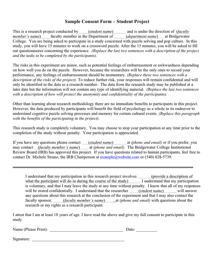 Sample Student Consent Form In Word And Pdf Formats Page 2 Of 3