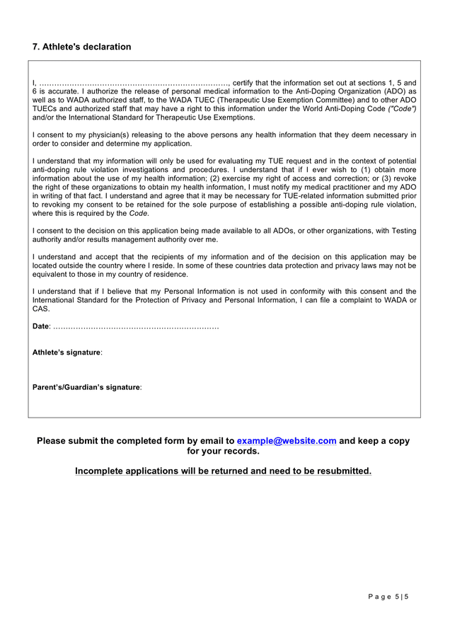 TUE application form for athlete and physician in Word and Pdf formats ...