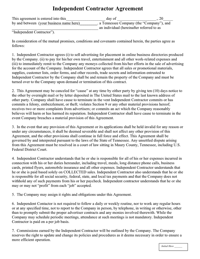 Independent Contractor Agreement Sample Tennessee In Word And Pdf Formats