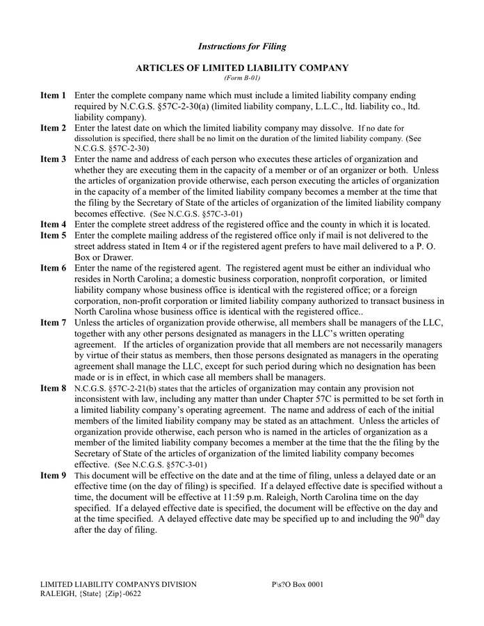 Limited Liability Company Articles Of Organization North Carolina In