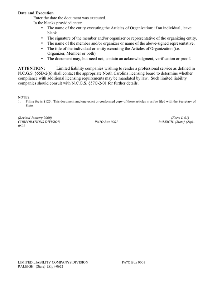 Limited Liability Company Articles Of Organization North Carolina In