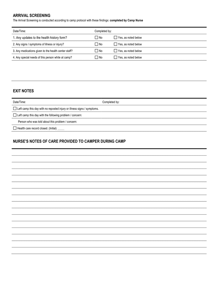 Health history for staff attending camp form in Word and Pdf formats ...
