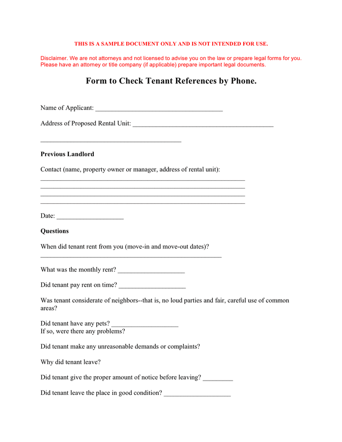Form to check tenant references by phone. in Word and Pdf formats