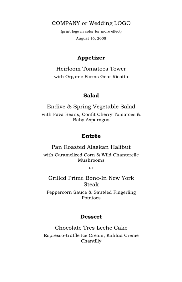 Menu planning template in Word and Pdf formats