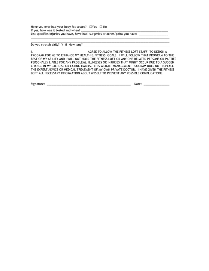 Fitness client profile questionnaire in Word and Pdf formats - page 3 of 3