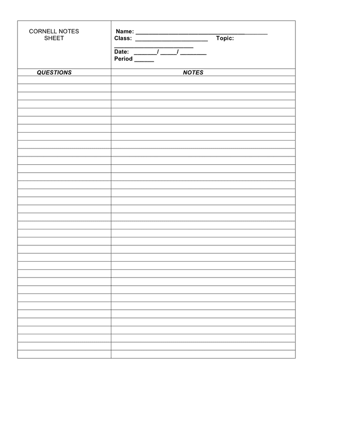 Cornell notes sheet in Word and Pdf formats
