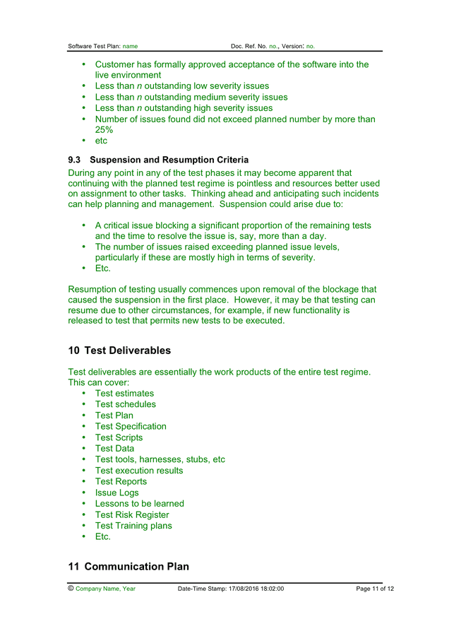 Software test plan template in Word and Pdf formats - page 11 of 12