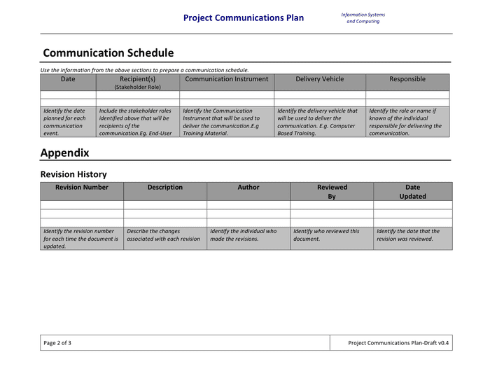 Project communications plan in Word and Pdf formats - page 2 of 3