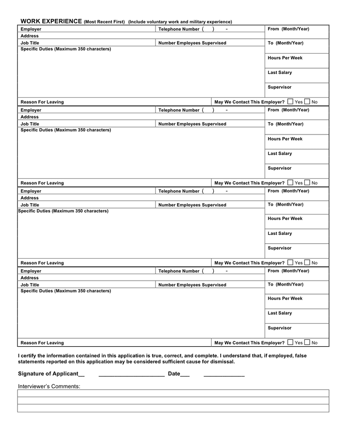 Application for employment sample in Word and Pdf formats - page 2 of 2