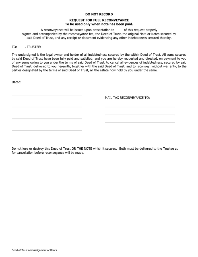 Deed Of Trust And Assignment Of Rents Form In Word And Pdf Formats