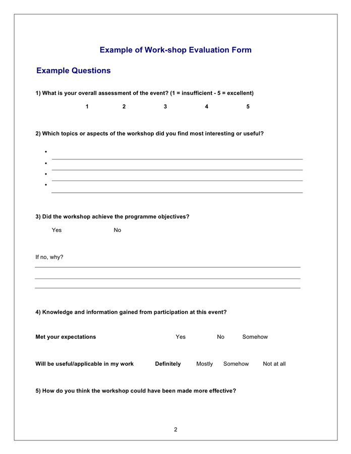 Example of work-shop evaluation form in Word and Pdf formats - page 2 of 3