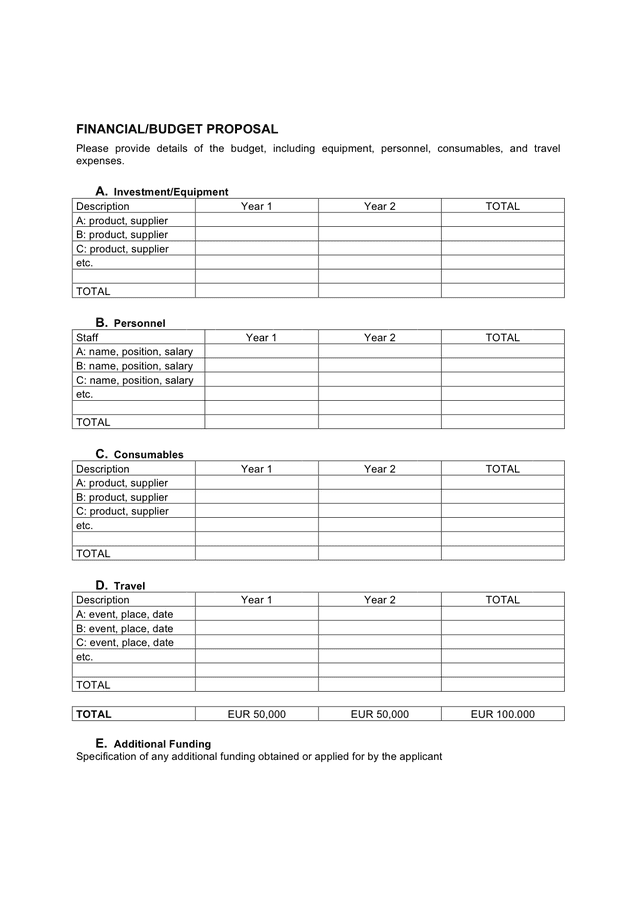Financial/budget proposal form in Word and Pdf formats