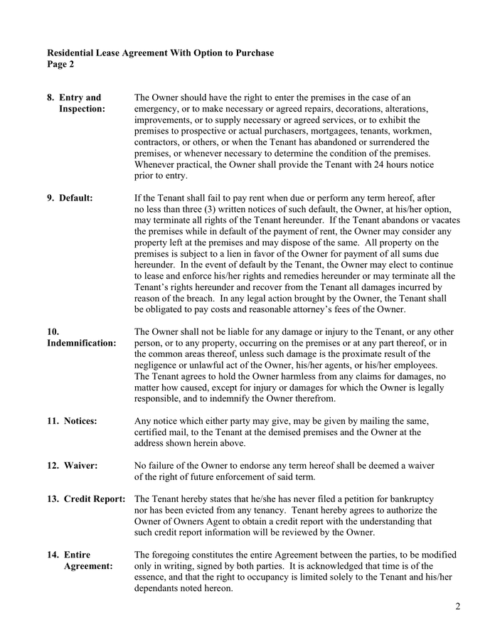 Residential Lease Agreement With Option to Purchase in Word and Pdf ...