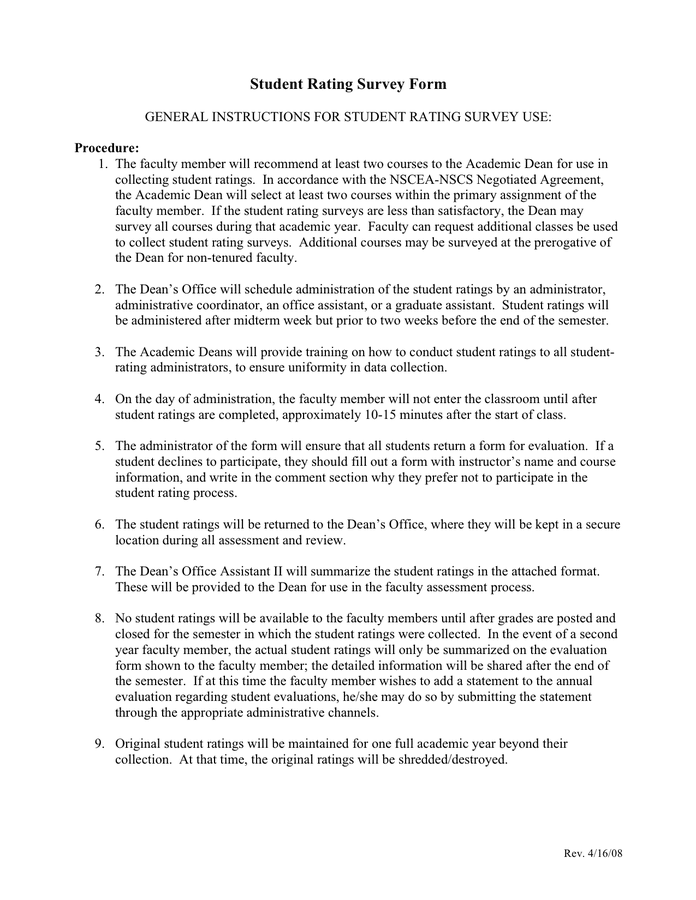 Student rating survey form in Word and Pdf formats