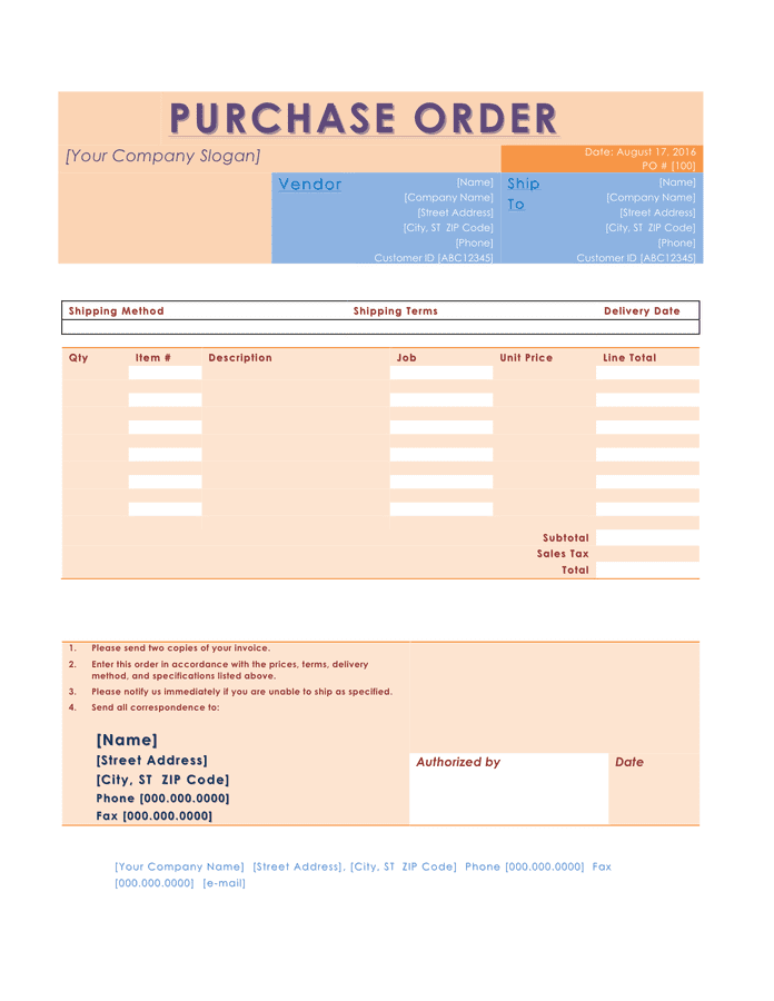 Purchase Order Template - download free documents for PDF, Word and Excel
