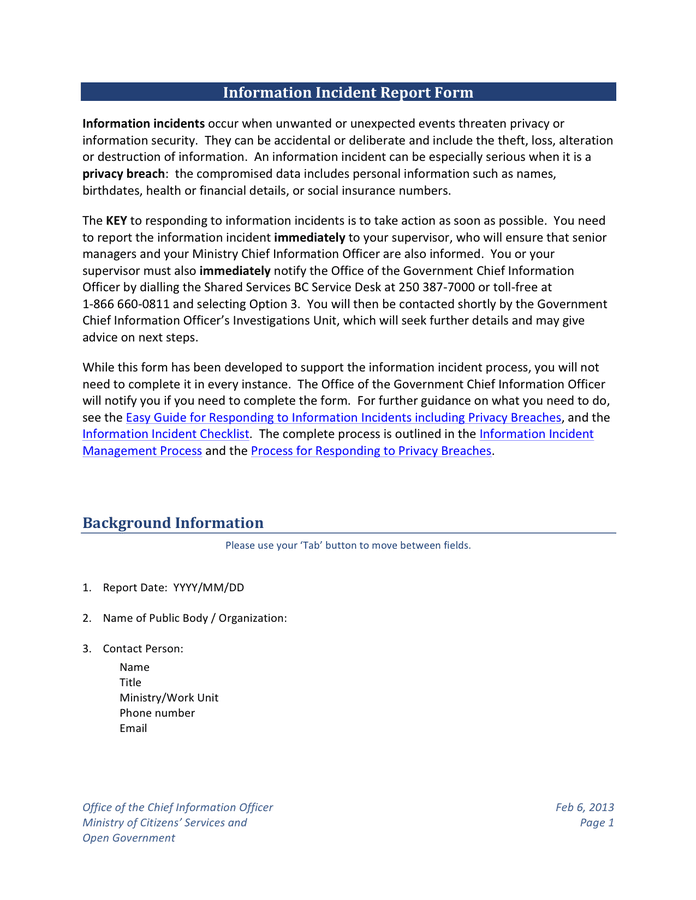 Information Incident Report Form in Word and Pdf formats