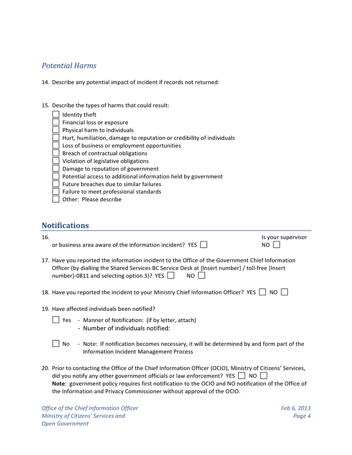 Information Incident Report Form in Word and Pdf formats - page 4 of 5