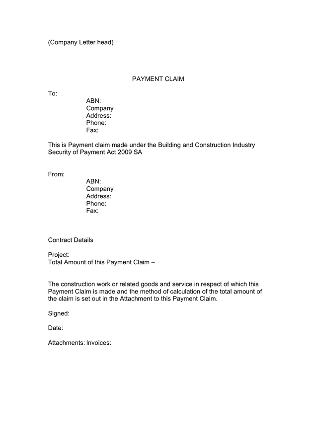 Payment claim cover letter (Australia) in Word and Pdf formats