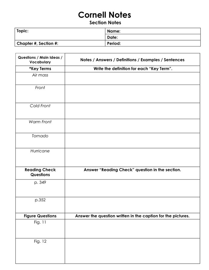 Cornell notes template in Word and Pdf formats