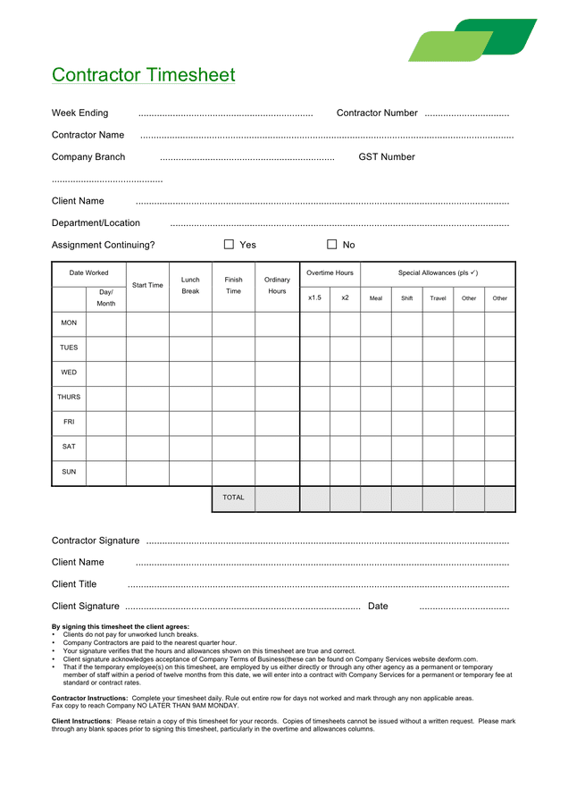 Contractor Timesheet Template In Word And Pdf Formats