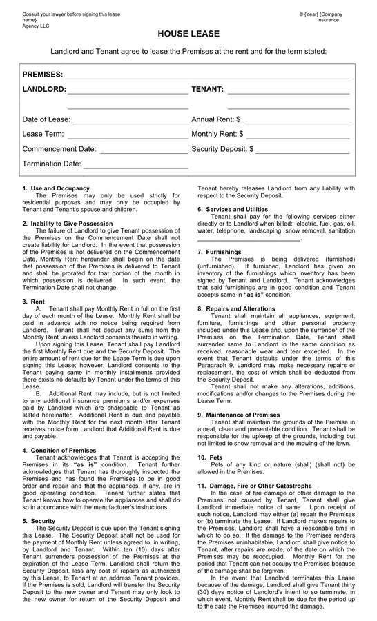 House lease agreement in Word and Pdf formats