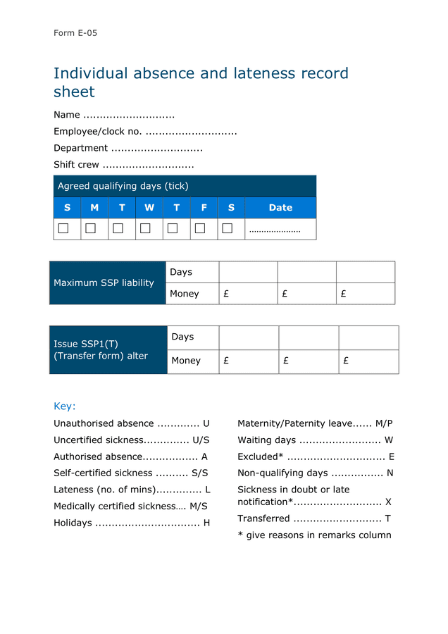 Absence record sheet in Word and Pdf formats