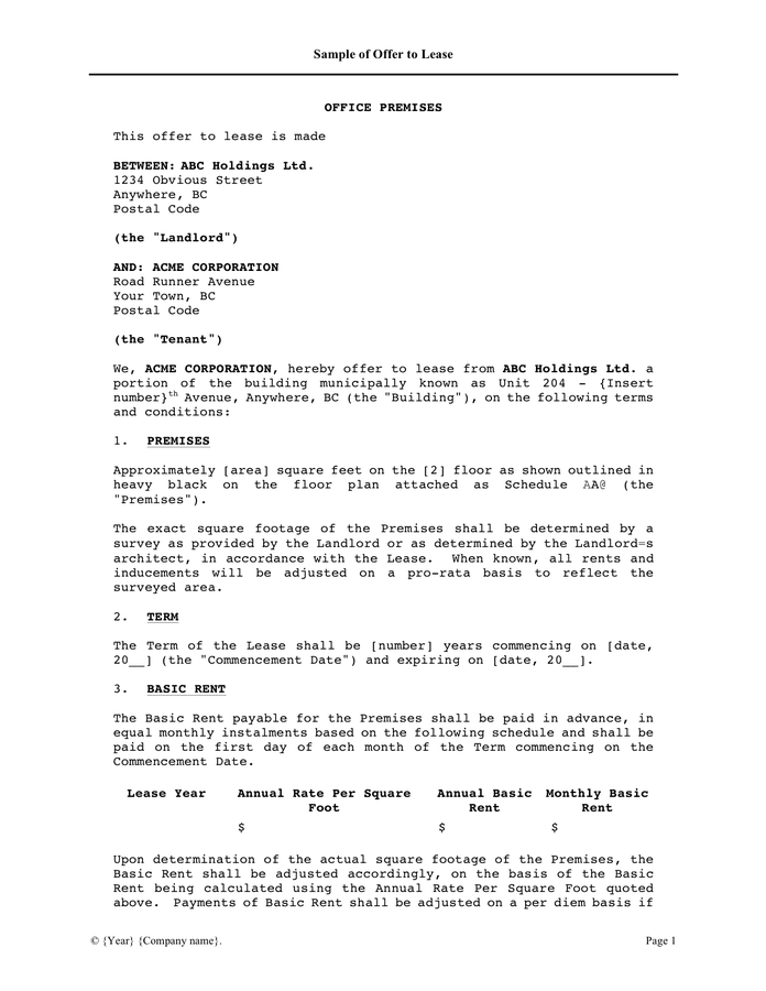 Sample Of Offer To Lease In Word And Pdf Formats