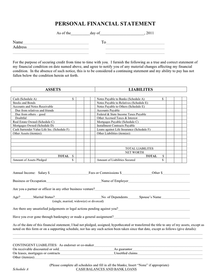 Personal Financial Statement Form - download free documents for PDF ...
