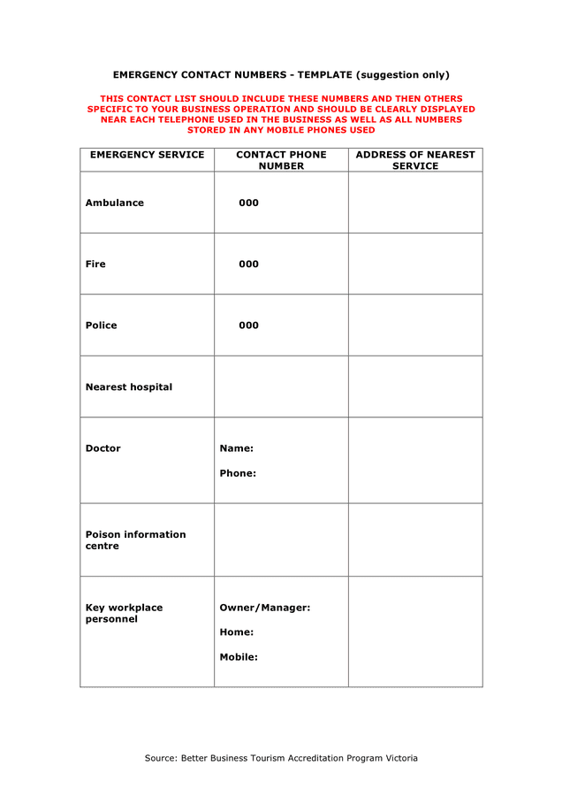 Emergency Contact Numbers Template In Word And Pdf Formats Emergency Contact Numbers Template In Word And Pdf Formats