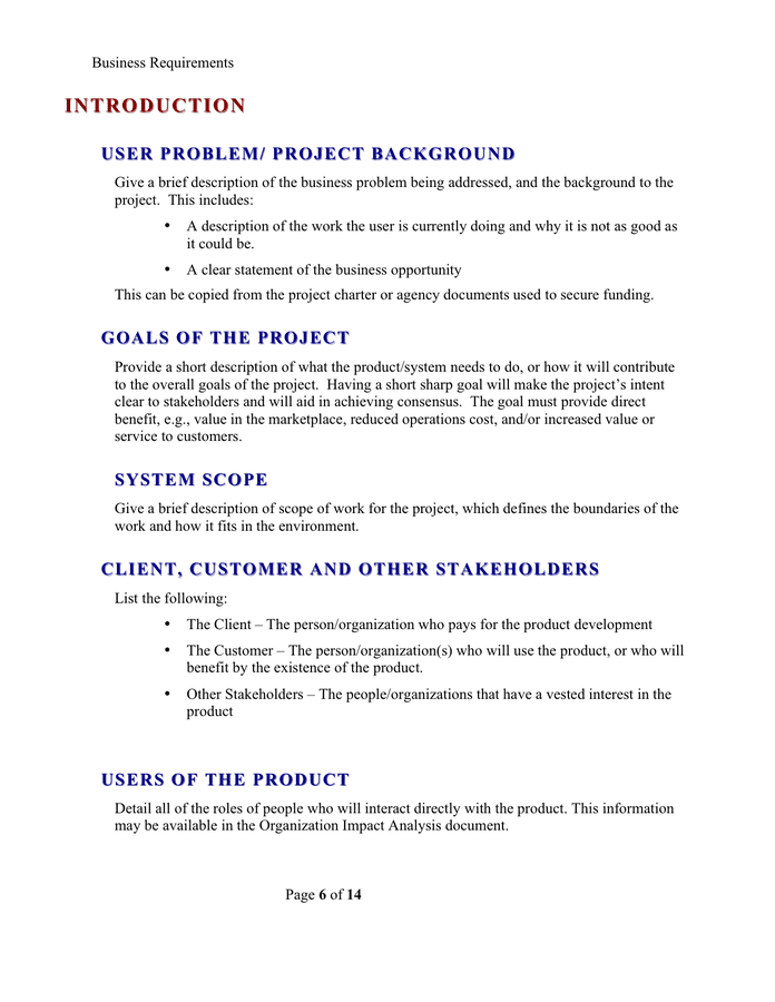 Business requirements template in Word and Pdf formats - page 6 of 14