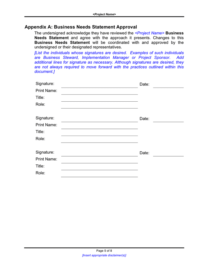 Business needs statement template in Word and Pdf formats - page 6 of 8