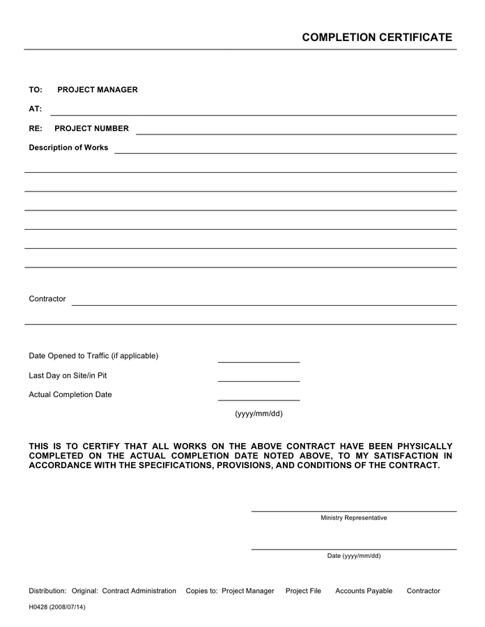 Contract Completion Certificate In Word And Pdf Formats