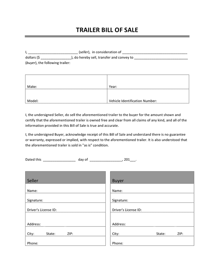 Trailer ONLY Bill Of Sale Download Free Documents For PDF Word And
