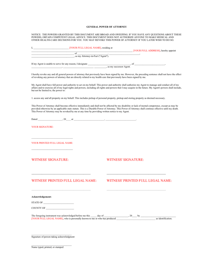General power of attorney form in Word and Pdf formats