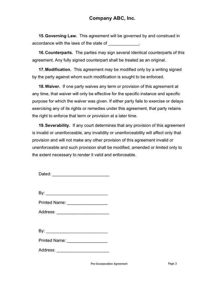 Pre-incorporation agreement in Word and Pdf formats - page 3 of 3
