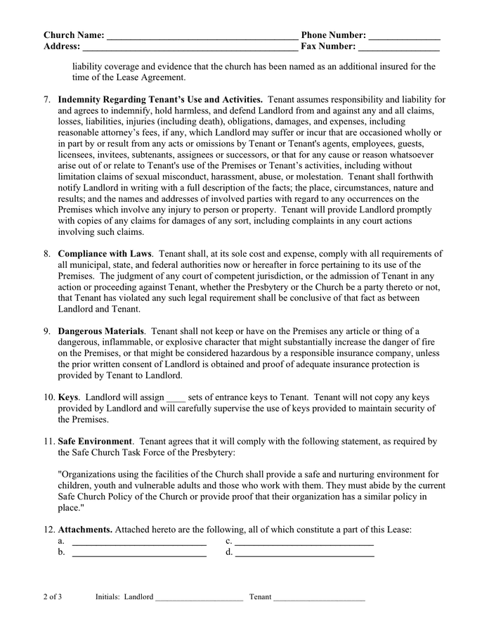 Presbytery lease agreement in Word and Pdf formats - page 2 of 3