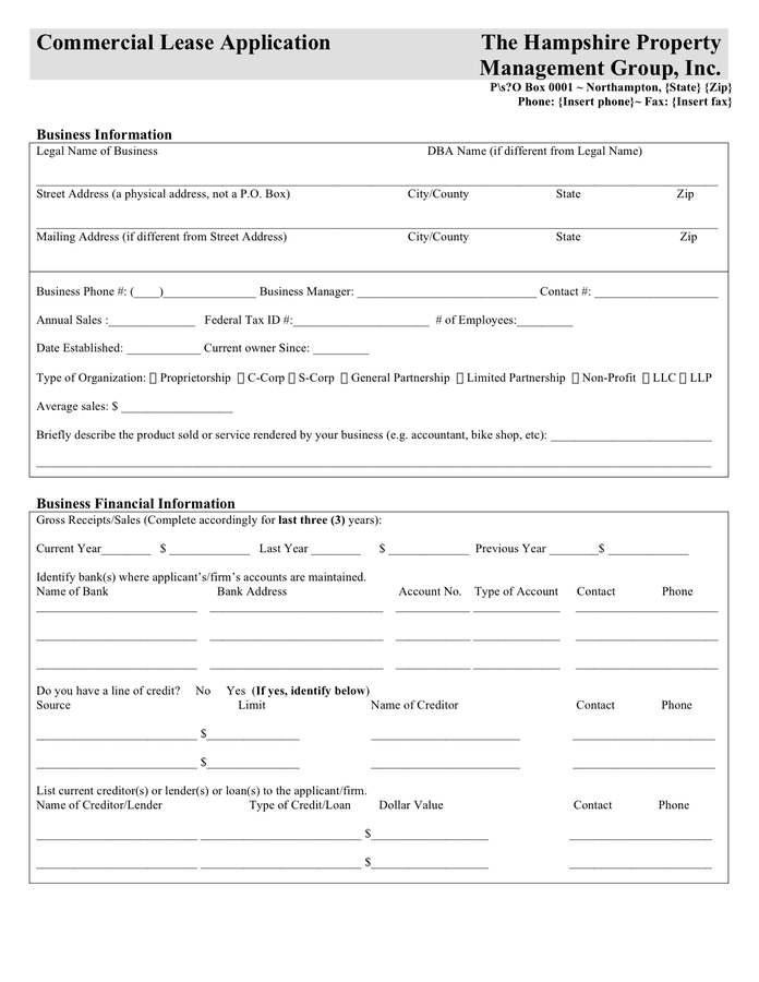 Commercial lease application in Word and Pdf formats