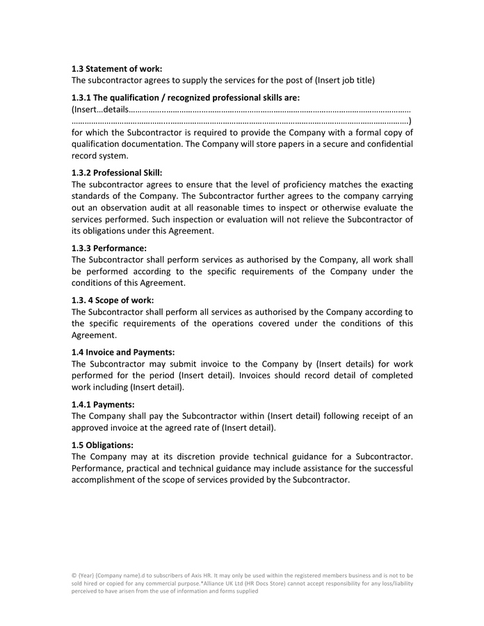 Subcontractor contract in Word and Pdf formats - page 2 of 6