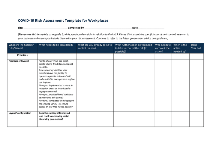 COVID-19 Risk Assessment Template for Workplaces in Word and Pdf formats