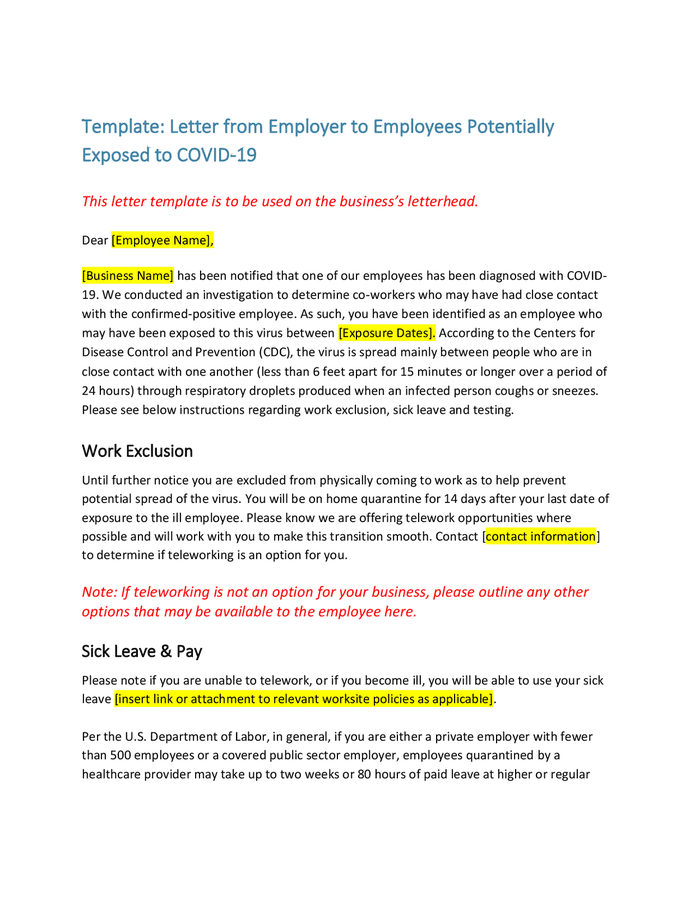 Letter from employer to employees potentially exposed to COVID-19 in ...