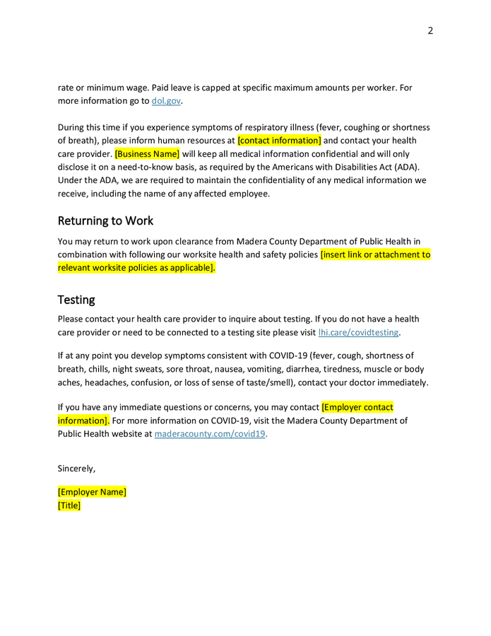 Letter from employer to employees potentially exposed to COVID-19 in ...