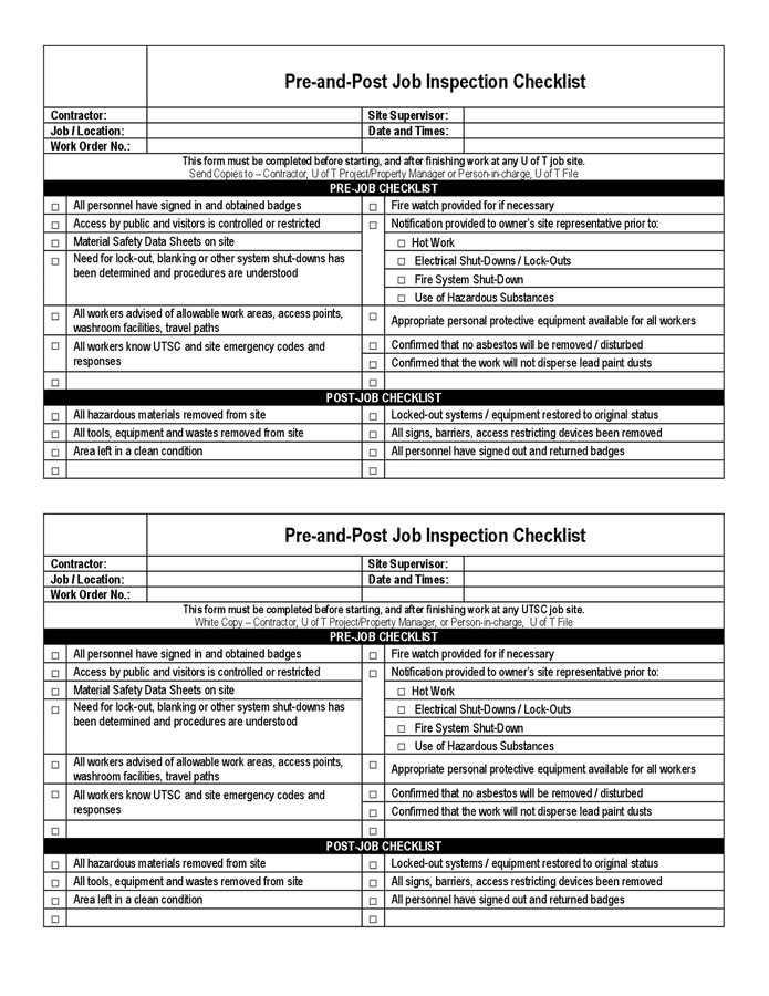 Pre-and-post job inspection checklist in Word and Pdf formats