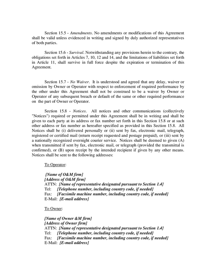 Operation and maintenance agreement template in Word and Pdf formats ...