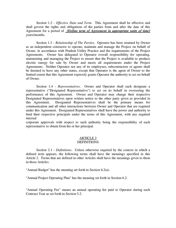 Operation and maintenance agreement template in Word and Pdf formats ...