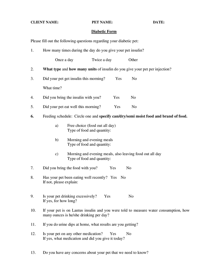 Diabetic form for pets template in Word and Pdf formats