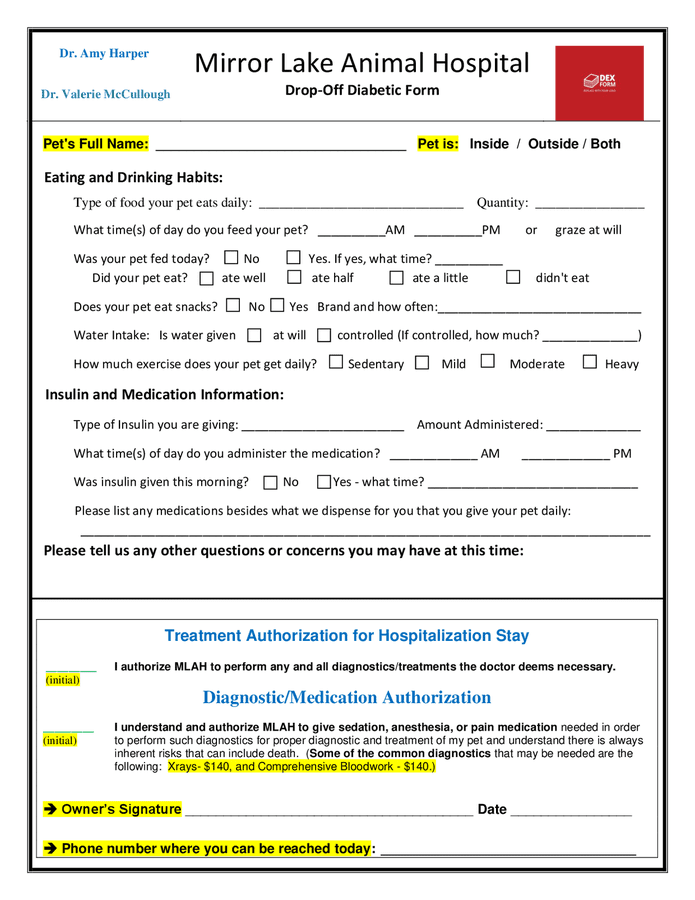 Animal hospital drop-off diabetic form sample in Word and Pdf formats