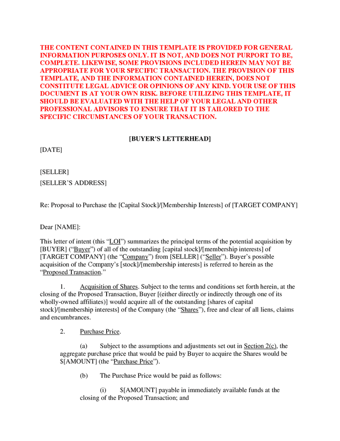 Letter of intent to company stock acquisition in Word and Pdf formats
