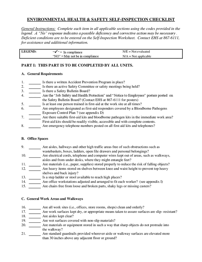 Environmental health & safety self-inspection checklist in Word and Pdf ...
