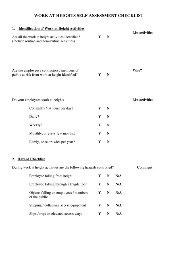 Work at heights self-assessment checklist in Word and Pdf formats
